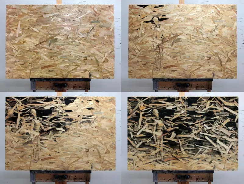 Artist Pejac uses pressed wood as the canvas for his inky paintings of man versus nature