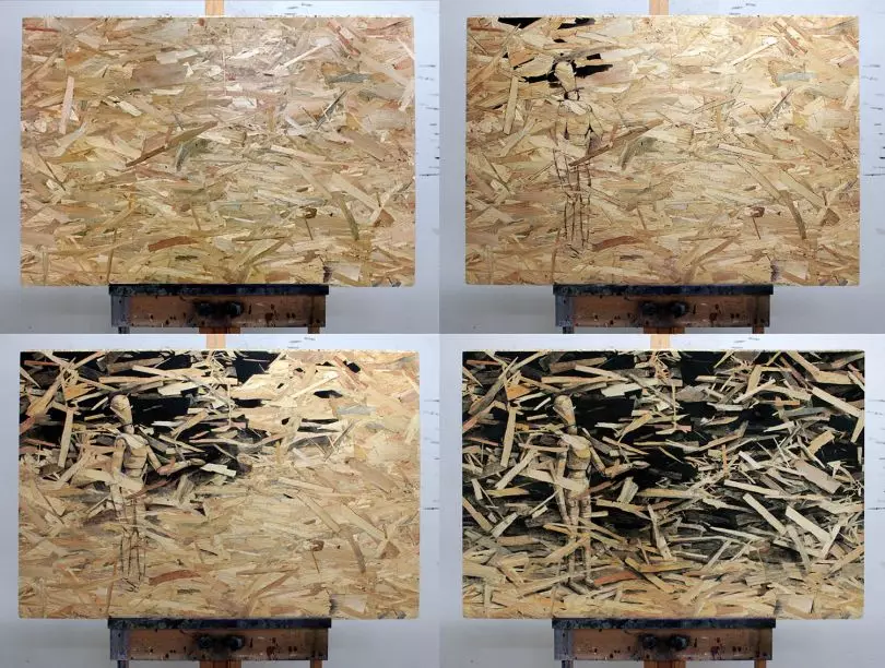 Keunstner Pejac brûkt yndrukt hout as doek foar syn inketskilderijen fan 'e minske tsjin 'e natuer 10168_1