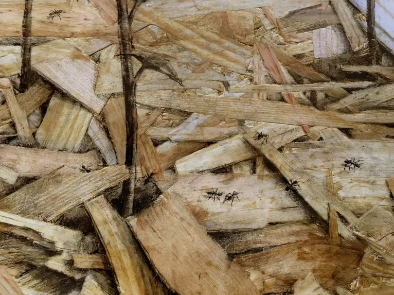 Keunstner Pejac brûkt yndrukt hout as doek foar syn inketskilderijen fan 'e minske tsjin 'e natuer 10168_9