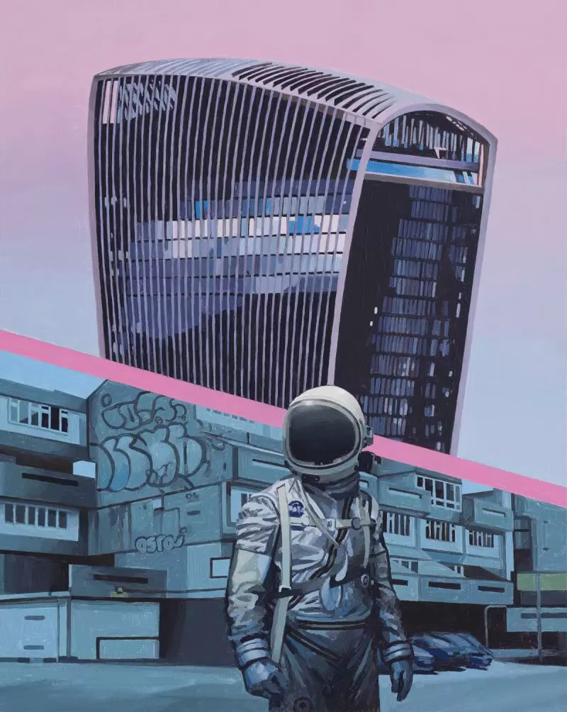 Pinturas irónicas de Scott Listfield dun astronauta solitario deambulando por un Londres "dividido" polo Brexit