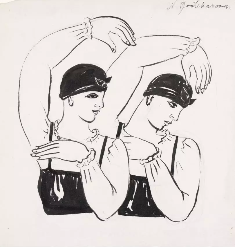 Natalia Goncharova (1881- 1962) Du danserên jin (nîv-dirêj). Sêwirana koreografiyê ji bo Les Noces c.1923 Mîkrok û boyax li ser kaxezê 250 x 250 mm Muzeya Victoria û Albert, London © ADAGP, Parîs û DACS, London 2019