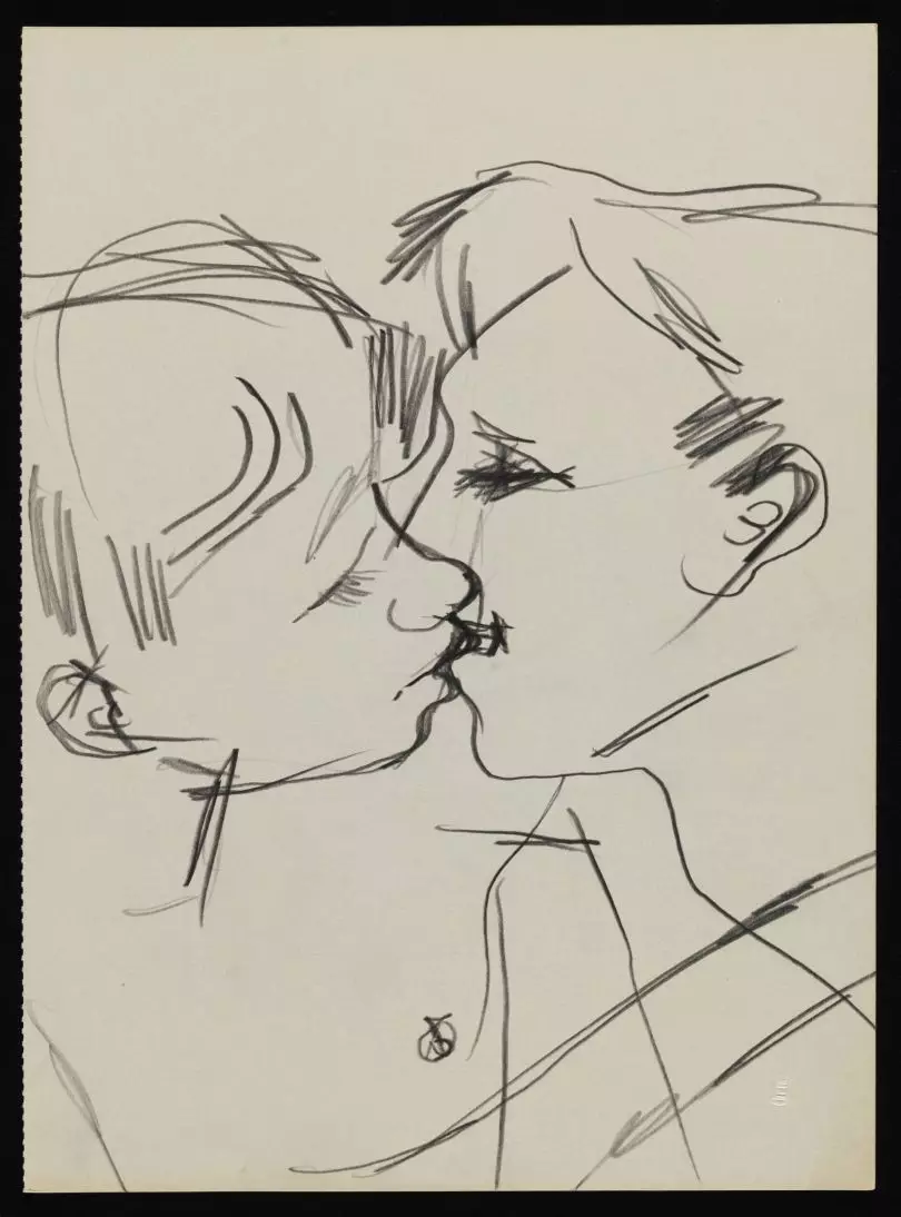 Keith Vaughan Zeechnung vun zwee Männer Kuss 1958–73 Tate Archive © DACS, The Estate of Keith Vaughan