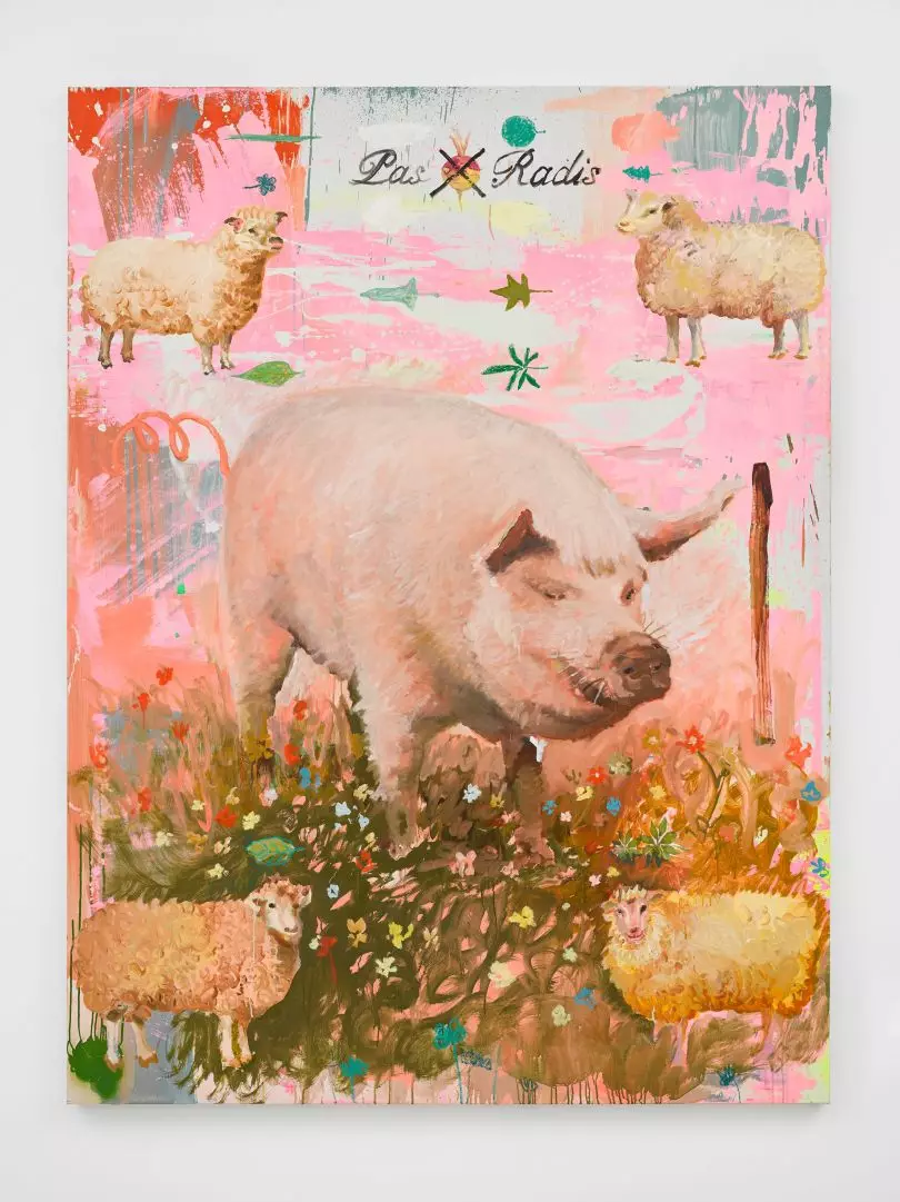 Tursic & Mille, Le Pas-Radis ou l'Étrange Porc-trait Recadré par ses 4 Followers (outubro), 2020, óleo sobre lenzo, 200 x 150 cm.; 78 3/4 x 59 polgadas. © Tursic & Mille. Cortesía dos artistas e da Galerie Max Hetzler Berlin | París | Londres. Foto: Jack Hems