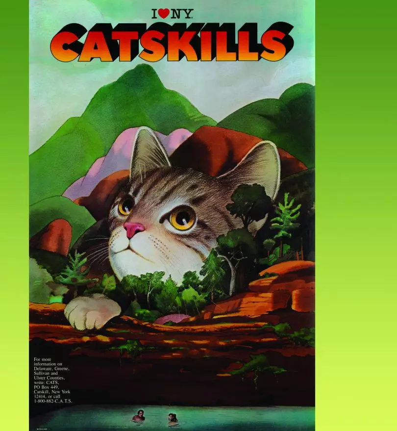 Abdi bogoh New York Catskills, 1985; salah sahiji loba iterasi ucing jeung Catskills dihasilkeun pikeun New York Déwan Pariwisata. Kahadean tina Milton Glaser Studio