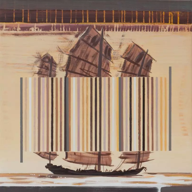 Darren Coffield, Chinese Junk, 2019. Acrylic trên canvas, 44,5 x 43,5 cm © Darren Coffield. Được phép của Phòng trưng bày Dellasposa