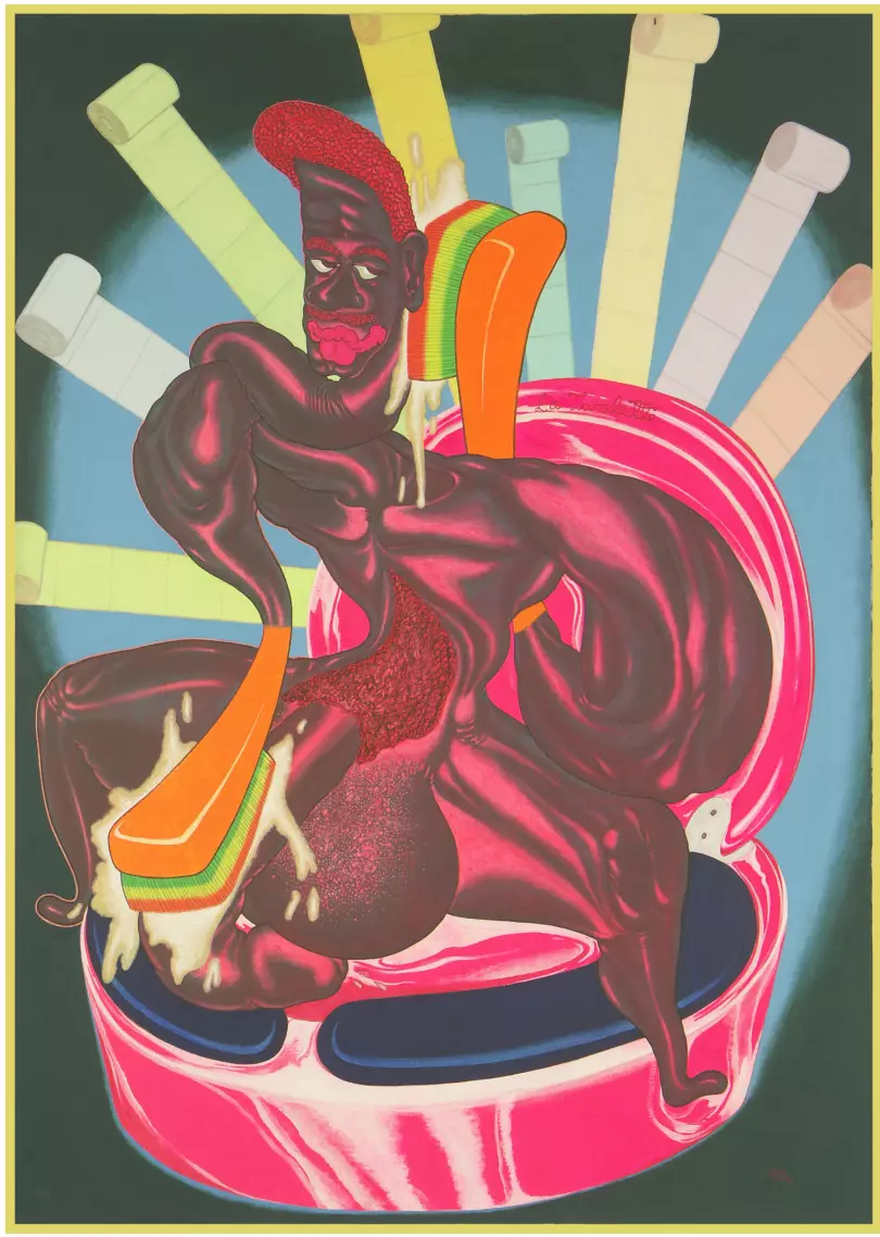 Peter Saul, La twalette, 1969, huile sur toile, 176 x 120 x 3 cm. Koléksi [mac] musée d'art contemporain, Marseille, © Peter Saul; poto: Jean-Christophe Lett; kahadean [mac]