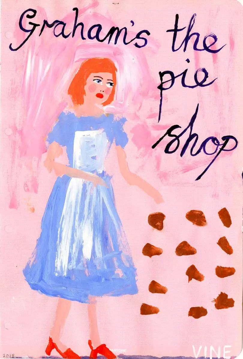 「Graham’s the pie shop、Howick Street」、（Alnwick）、21cm x 29.7cm、紙にアクリル、2018©Stella Vine