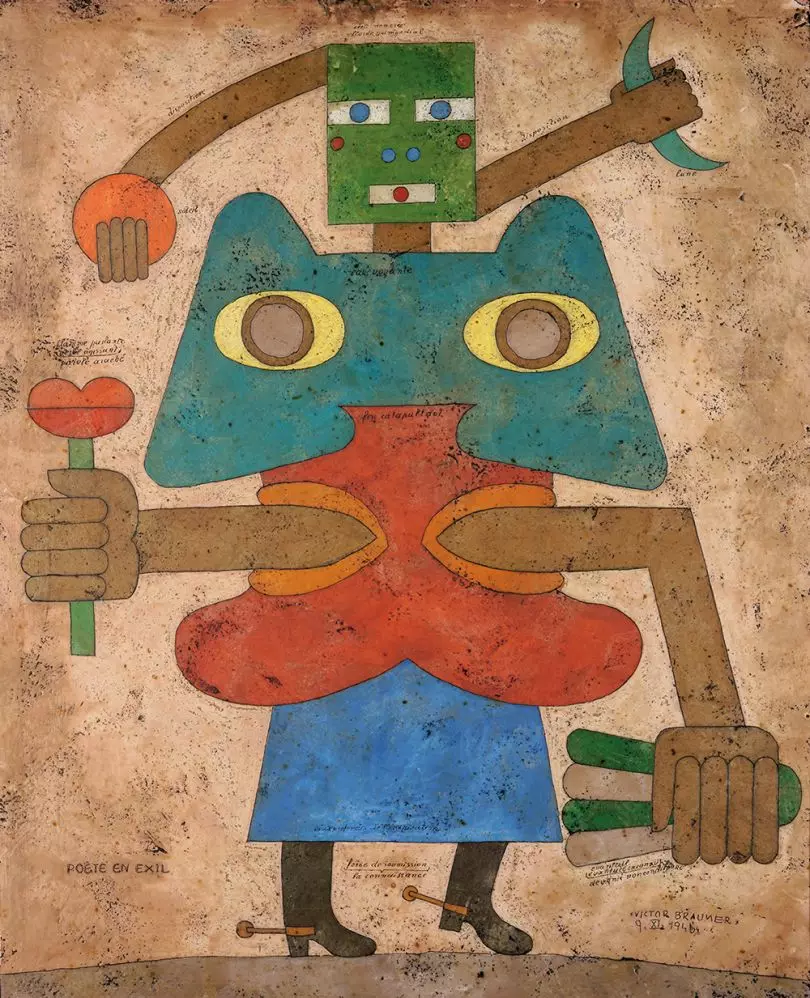 Victor Brauner, Poète en exil,1946, కార్డ్ బోర్డ్పై మైనపు, పెన్సిల్ మరియు ఇంక్, 72.7 x 59.5 cm, మర్యాద ఆలివర్ మాలింగ్యూ గ్యాలరీ