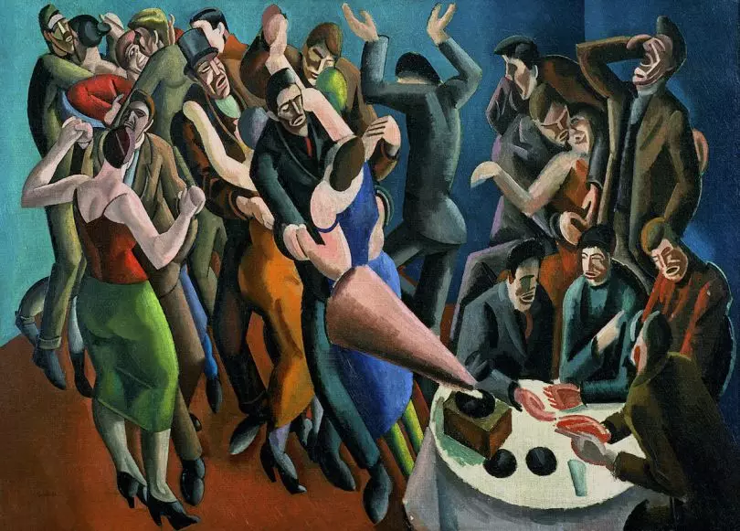 William Patrick Roberts The Dance Club (The Jazz Party) 1923 Oil on Canvas, 55.5 x 76cm, Leeds Museum le Art Gallery © Estate of John David Roberts. Ka tumello ea 'Muelli oa Lichelete, ka thuso ea Bridgeman Images