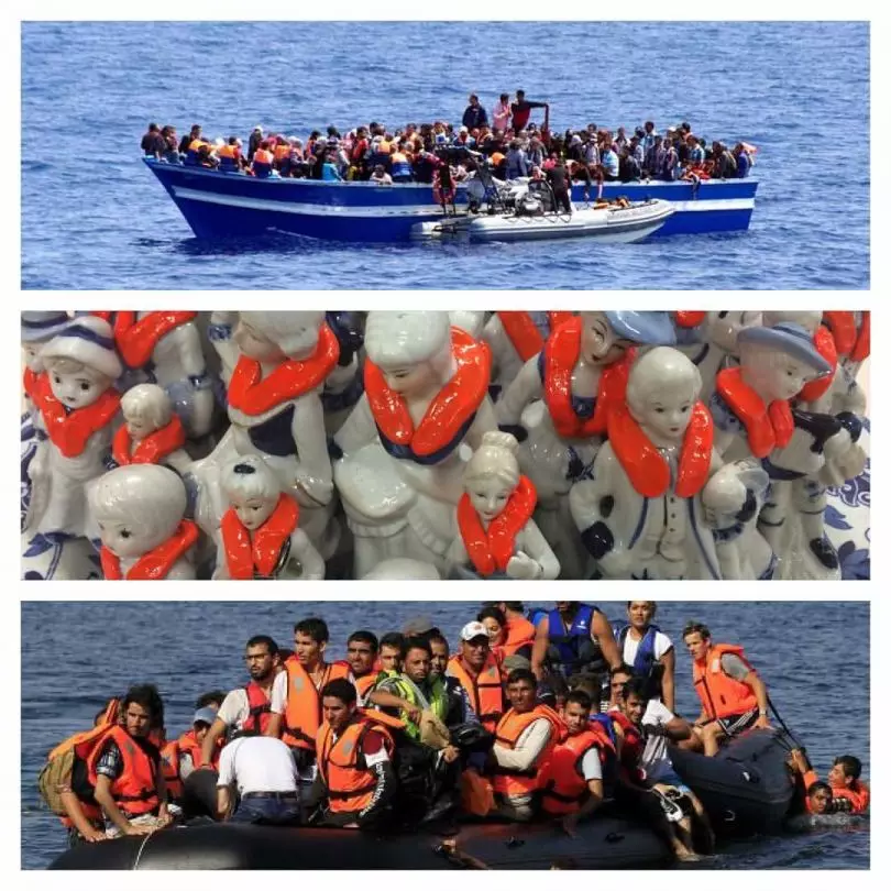 Artis nganggo figurine porselen vintage ing jaket pelampung kanggo nyorot krisis pengungsi Eropa 2942_6