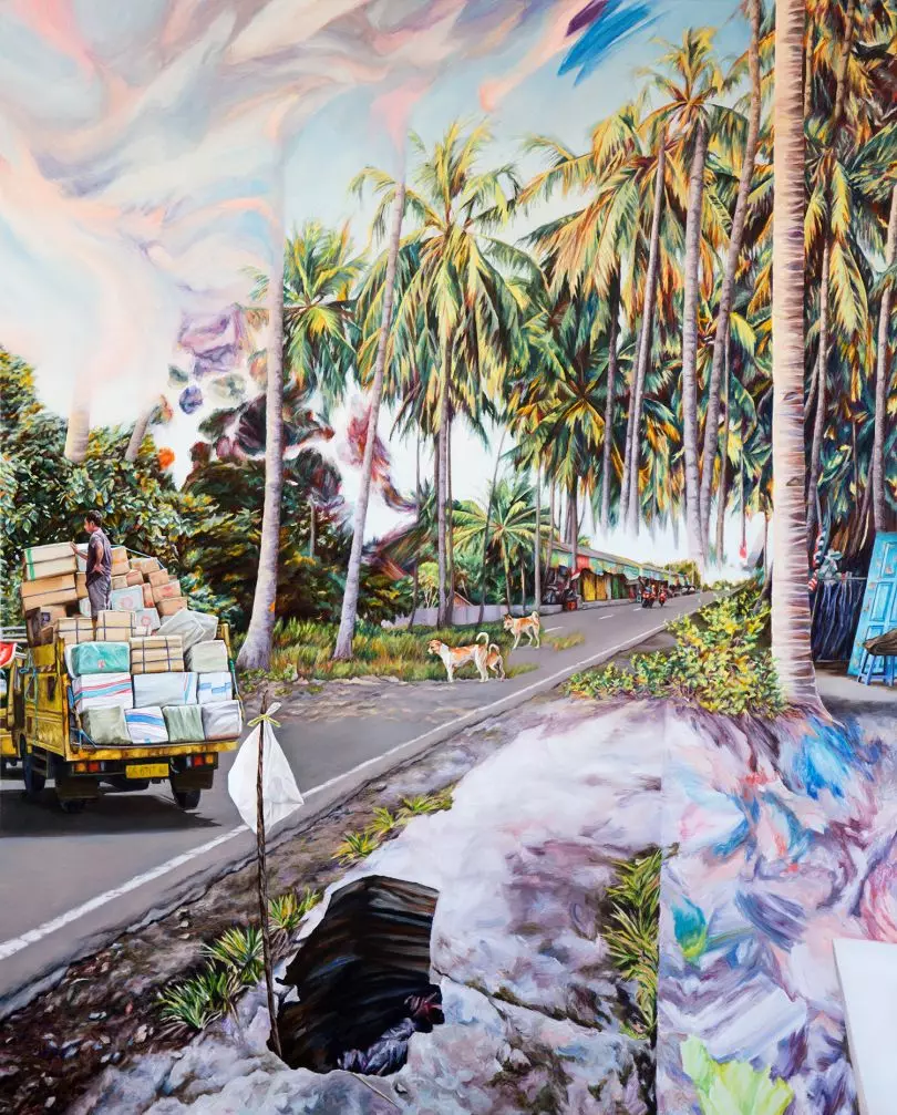 Kevin Chin, Umuyoboro muri paradizo, 2017, amavuta kumyenda yubutaliyani, 183 x 147 cm