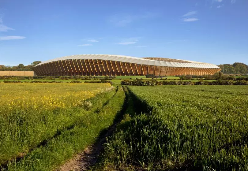 Forest Green Rovers Stadium (2016) Render od MIR, s láskavým dovolením Zaha Hadid Architects