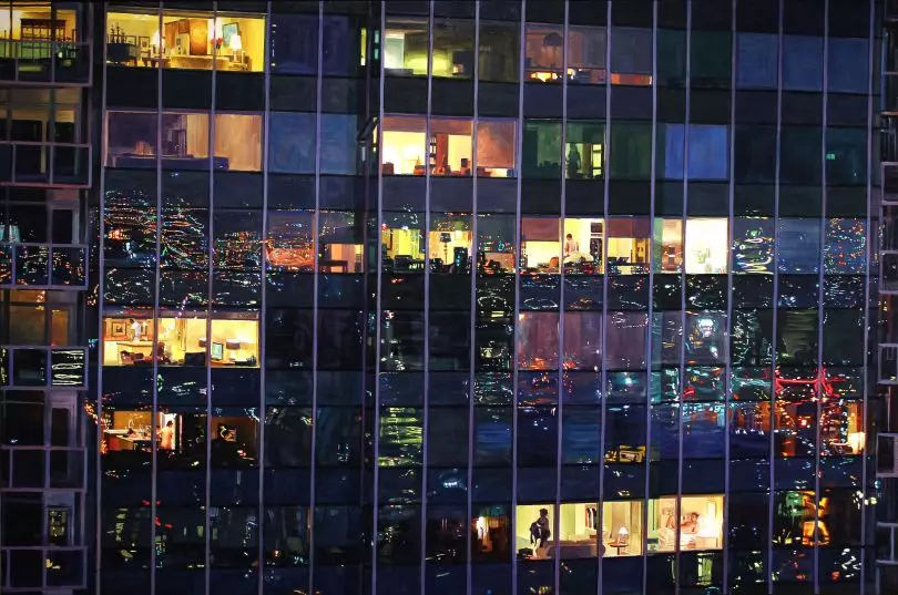 Dusk From the 27th Floor - Olie på papir klæbet til træ, 2015