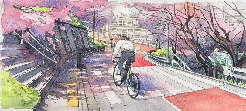 Bicycle Boy : illustrations à l'aquarelle qui suivent un garçon faisant du vélo tout au long de sa journée 3477_2