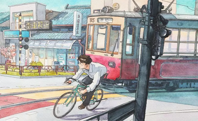 Bicycle Boy: Aquarell Illustratiounen déi e Jong verfollegen, deen duerch säin Dag mam Vëlo fuert 3477_5