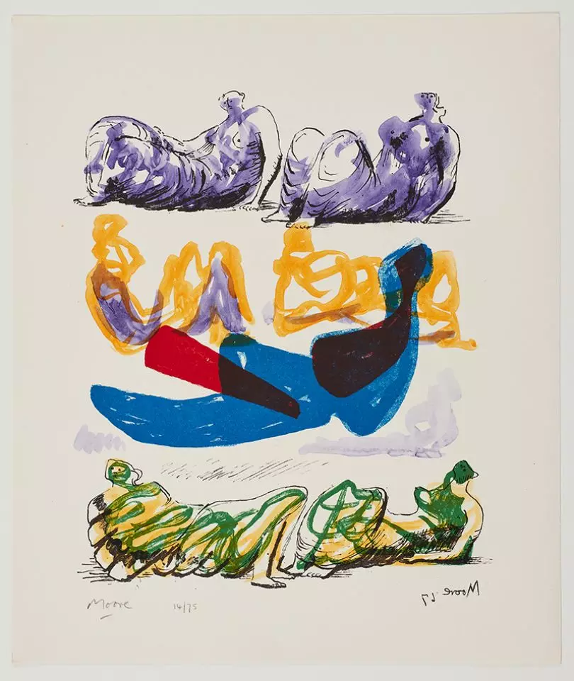 Hannun Hannun Hannun Hannun Henry Moore Tare da Rubutun Tsakiyar Blue, 1967 lithograph Courtesy Marlborough Fine Art