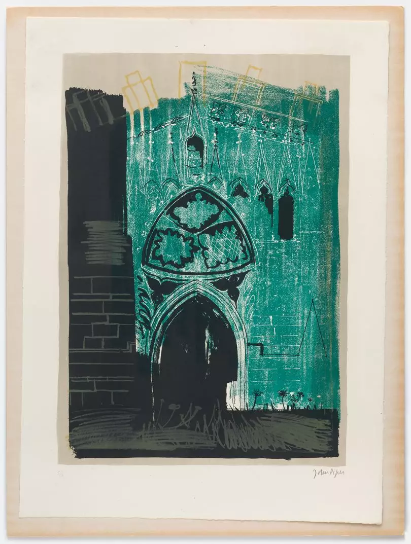 John Piper Gaddesby, Leicestershire: kazi ya mawe ya medieval, 1964 lithograph Courtesy Marlborough Fine Art