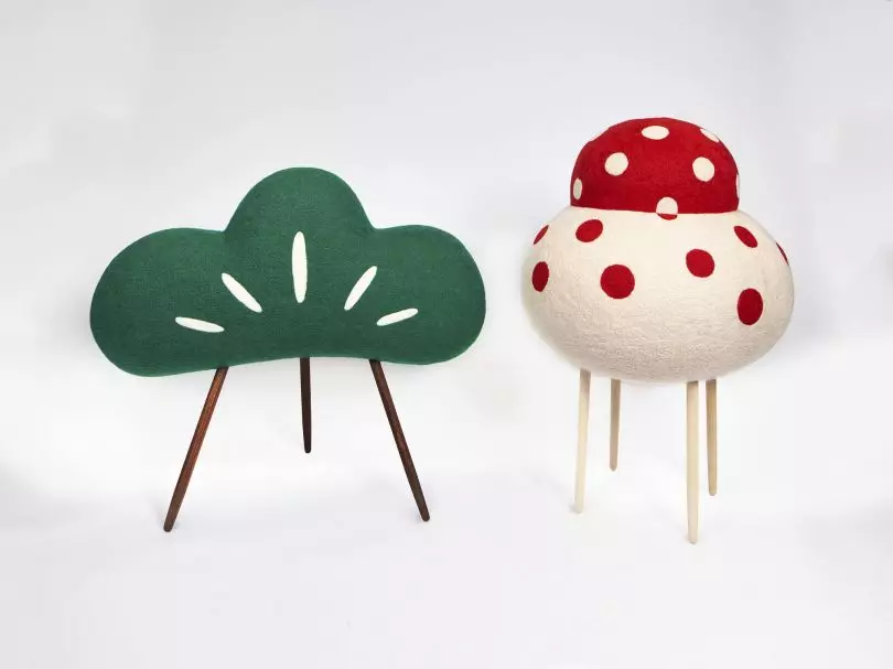 Matsuno-ki Yokai (animated pine tree), 2021 [left] Wool on EPS form, walnut wood (H) 33.5 inches x (W) 37.5 inches x (D) 18 inches Kagami-mochi yokai (animated mirror sticky rice cakes), 2021 [right] Wool on EPS form, maple wood (H) 37 inches x (D) 25 inches Courtesy of Artist