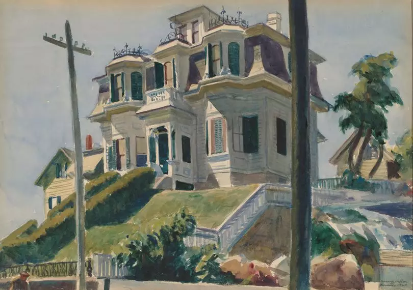 Haskell's House, 1924. Edward Hopper, ជនជាតិអាមេរិក, 1882-1967។ ពណ៌ទឹកលើក្រាហ្វិចនៅលើក្តារក្រដាស ទំហំ ១៣ ១/២ × ១៩ ១/២ អ៊ីញ។ វិចិត្រសាលជាតិនៃសិល្បៈ, អំណោយរបស់ Herbert A. Goldstone, ឆ្នាំ 1996 ។