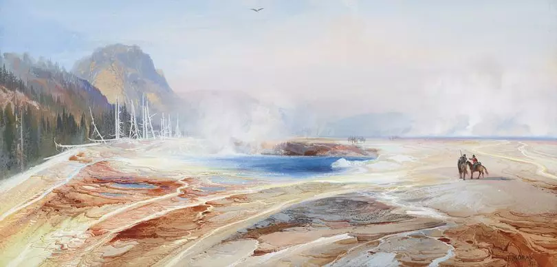 Big Springs in Yellowstone Park, 1872. Thomas Moran, American (ea tsoetsoeng Engelane), 1837-1926. Watercolor le opaque watercolor pampiring, 9 1/4 × 19 1/4 lisenthimithara. Pokello ea Poraefete.