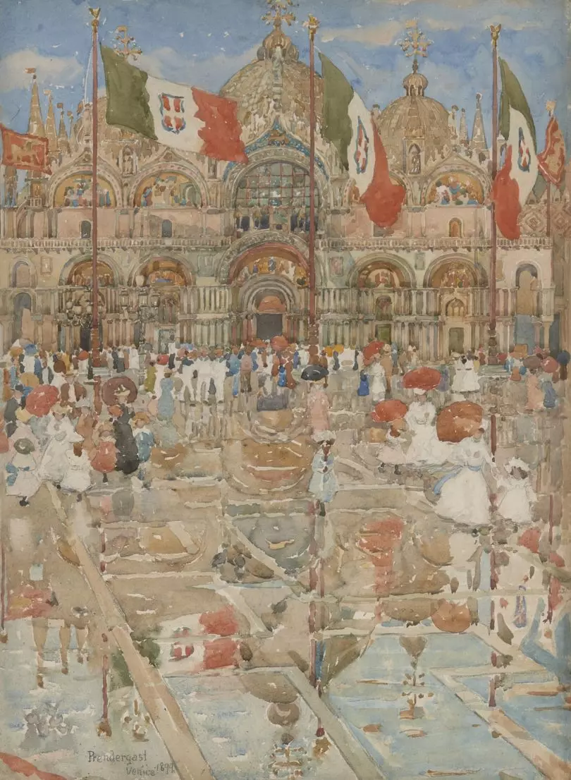 Splash of Sunshine and Rain (Piazza San Marco, Venice), 1899. Maurice B. Prendergast, American, 1858-1924. ពណ៌ទឹក និងក្រាហ្វិចនៅលើក្រដាស 19 3/8 × 14 1/4 អ៊ីង បណ្តុំឯកជន។