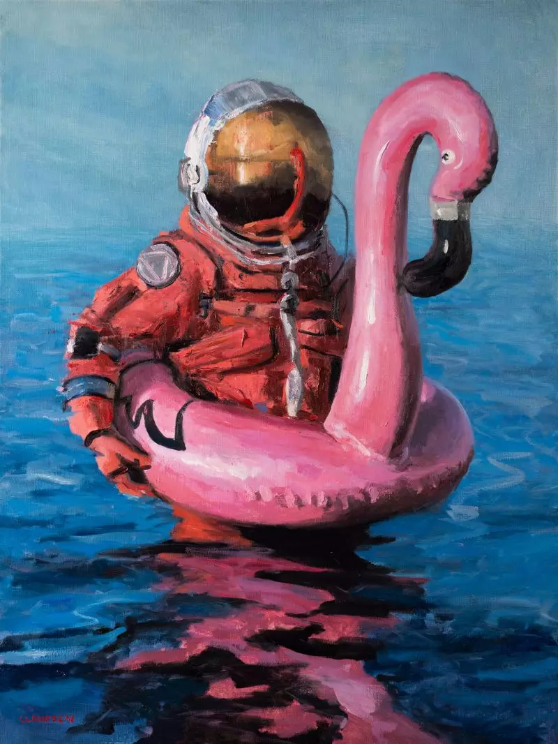 Picturi de Andreas Claussen cu un astronaut singuratic rătăcind pe un Pământ inundat