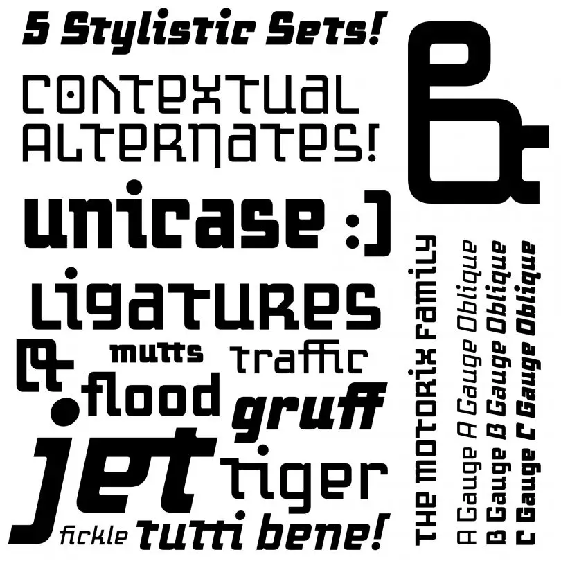 Motorix Typeface por Monica Maccaux para Blue Taco Design. Vencedor do A' Design Award na categoria Design Gráfico e Comunicação Visual.