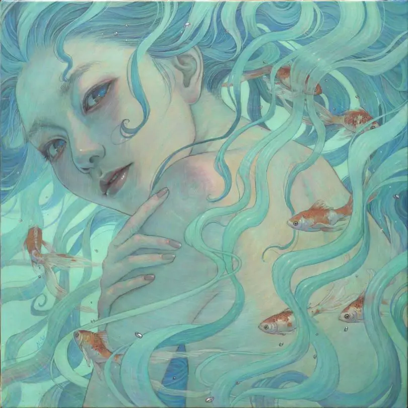 © Miho Hirano – 游泳。布面油畫 18 x 18