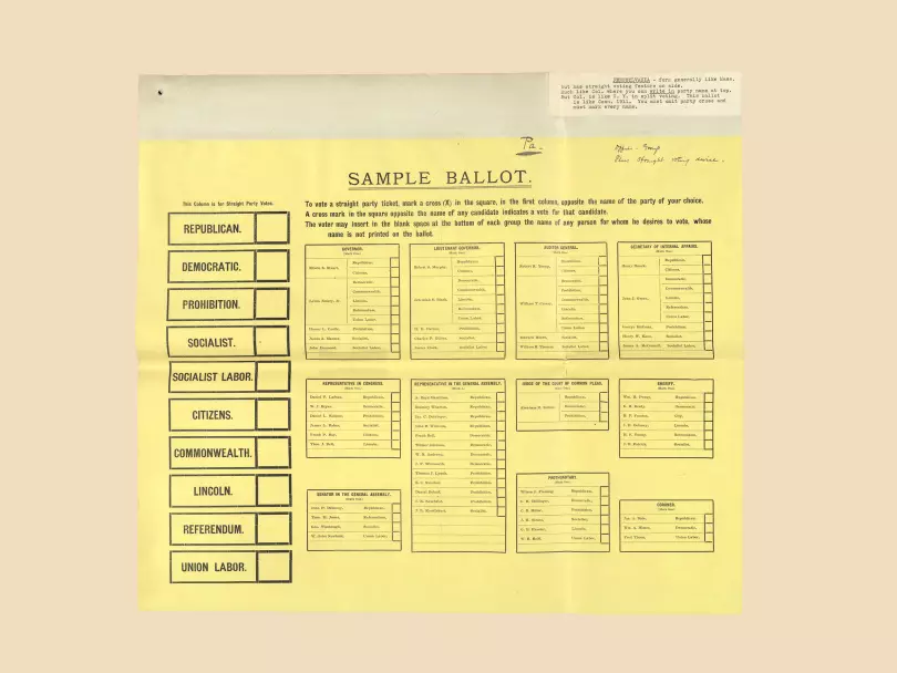 Primeres votacions federals: els nord-americans van fer modificacions al format australià afegint columnes que permetien als votants triar un bitllet de partit directe. Aquesta votació de 1906 de Pennsilvània mostra noms agrupats per càrrecs amb una opció de partit directe.