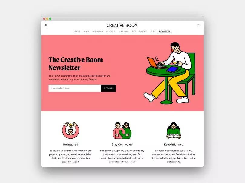 Páxina de newsletter de Creative Boom onde a xente pode unirse a 35.000 subscritores