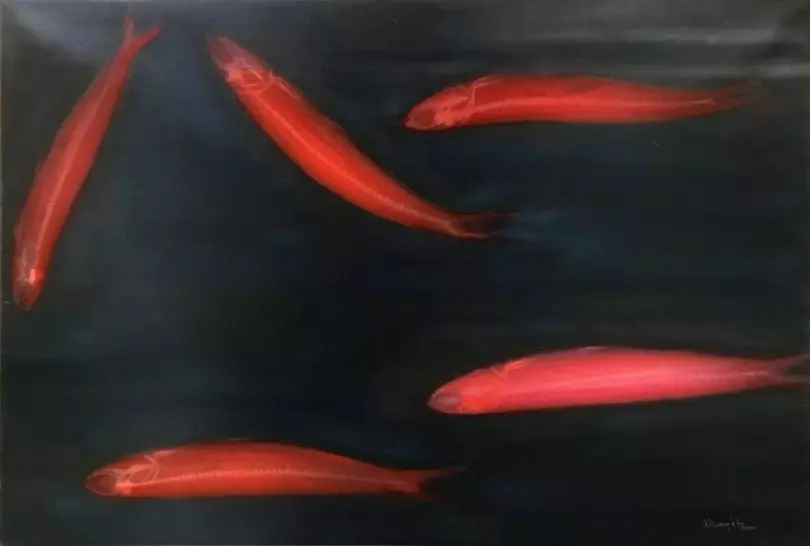 Vedere oltre၊ Aldilà del mare- Rx၊ rosso ရှိ sardine၊ 2003 အရက်ရောင်ခြယ်ထားသော ကင်းဗတ်စပေါ်တွင် အရက်။ ၇၅ x ၁၀၈ စင်တီမီတာ (၂၉.၅ x ၄၂.၅ လက်မ)