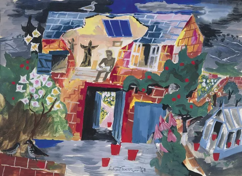 Julian Trevelyan, My Quantock Studio, 1942, gouache sa papel, 21 x 33cm, Pribadong Koleksyon © The Julian Trevelyan Estate