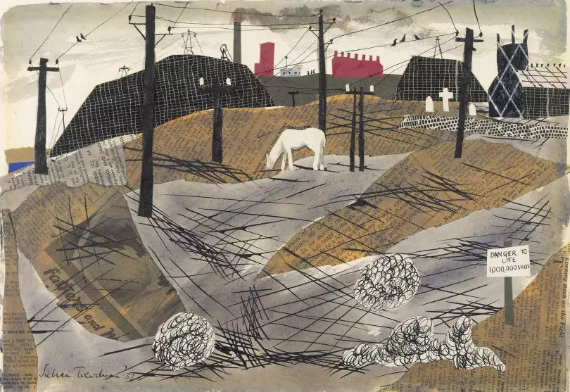 Julian Trevelyan, Bolton 1,000,000 volts, 1937, ภาพปะติด, 48.26 x 60.96, คอลเล็กชั่นส่วนตัว © The Julian Trevelyan Estate