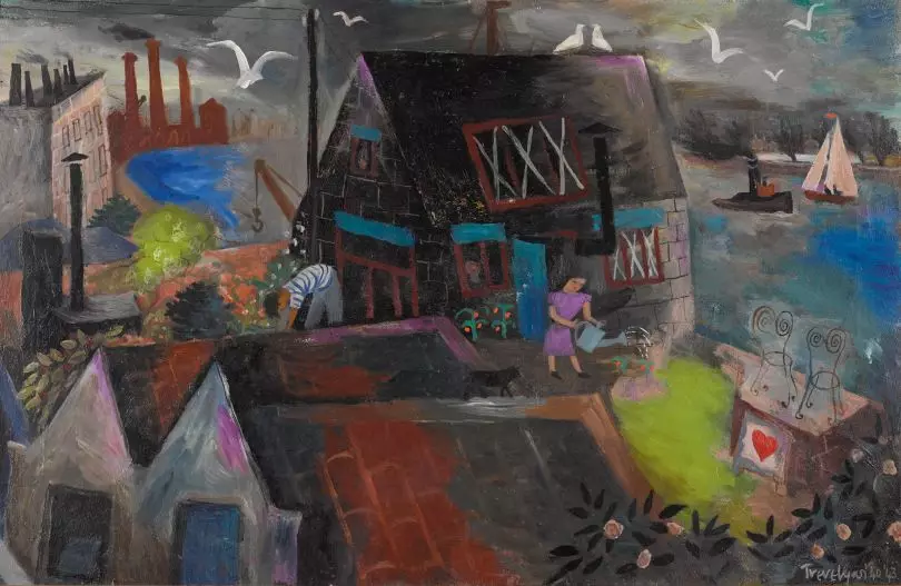 Julian Trevelyan, Durham Wharf, 1940/43, สีน้ำมันบนผ้าใบ, 66.5 x 101.5 ซม., คอลเลกชันส่วนตัว © The Julian Trevelyan Estate