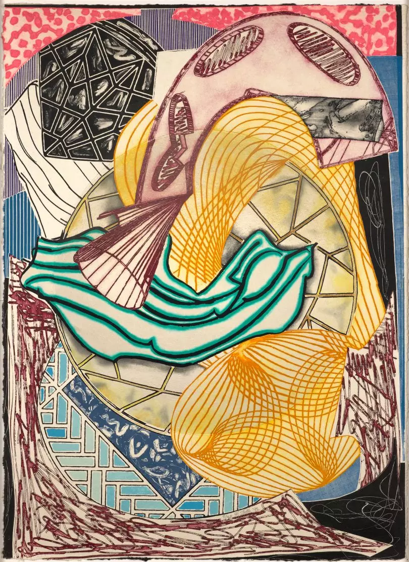 Frank Stella, ອາເມລິກາ, ເກີດປີ 1936. The Cabin. Ahab ແລະ Starbuck, 1991. ການຝັງ, ນ້ໍາ, ການບັນເທົາທຸກ, ແລະ Carborundum ເທິງເຈ້ຍເຮັດດ້ວຍມື TGL ສີຂາວ, ຮູບຊົງ, 185.4 × 134.6 × 15.2 ຊຕມ. ຄໍເລັກຊັນ Preston H. Haskell, Class of 1960 / © 2017 Frank Stella / Artists Rights Society (ARS), ນິວຢອກ