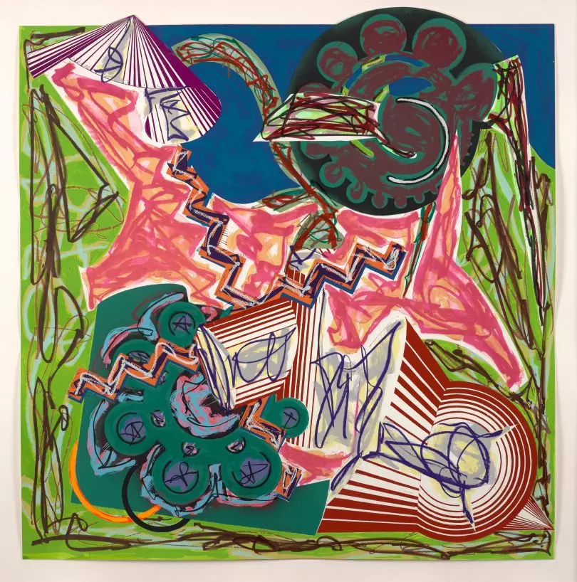 Frank Stella, americano, nascido em 1936. Then Came an Ox and Drank the Water, 1984. Coloração e colagem à mão com litografia, linogravura e serigrafia em T.H. Papel Saunders (fundo) e papel Somerset moldado à mão (colagem), 137,2 × 133 cm. Coleção de Preston H. Haskell, Turma de 1960 / © 2017 Frank Stella / Artists Rights Society (ARS), Nova York