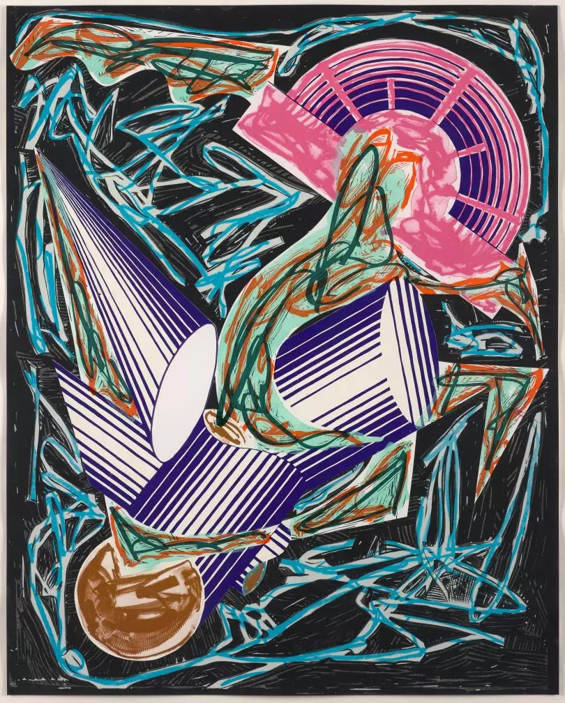 Frank Stella, estadounidense, nado en 1936. Had Gadya: Portada, 1984. Coloración a man e colaxe con litografía, linograbado e serigrafía en T.H. Papel Saunders (fondo) e papel Somerset cortado a man con forma (collage), 108 × 86 cm. Colección de Preston H. Haskell, clase de 1960 / © 2017 Frank Stella / Artists Rights Society (ARS), Nova York