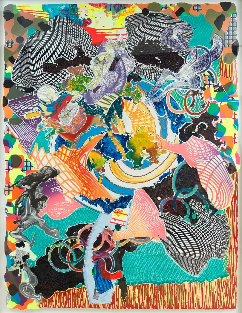 Frank Stella，美国人，1936 年出生。Juam，1997 年。在白色 TGL 手工制作的手工彩色纸上进行浮雕、蚀刻、水印、平版印刷、丝网印刷、木刻和雕刻。两张（不规则形状和重叠）：201.9 × 156.2 厘米。 Preston H. Haskell 收藏，1960 届 / © 2017 Frank Stella / 艺术家权利协会 (ARS)，纽约