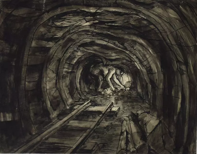 David McClure Miner ဖြင့် Tunnel End 1947. စာရွက်ပေါ်တွင် ဘောပင်နှင့်မင်။ 207.5mm x 265mm ဓာတ်ပုံ- Richard Hawkes။ မူပိုင်ခွင့်- David McClure အိမ်ခြံမြေ။ The Auckland Project မှ ကူးယူဖော်ပြပါသည်။