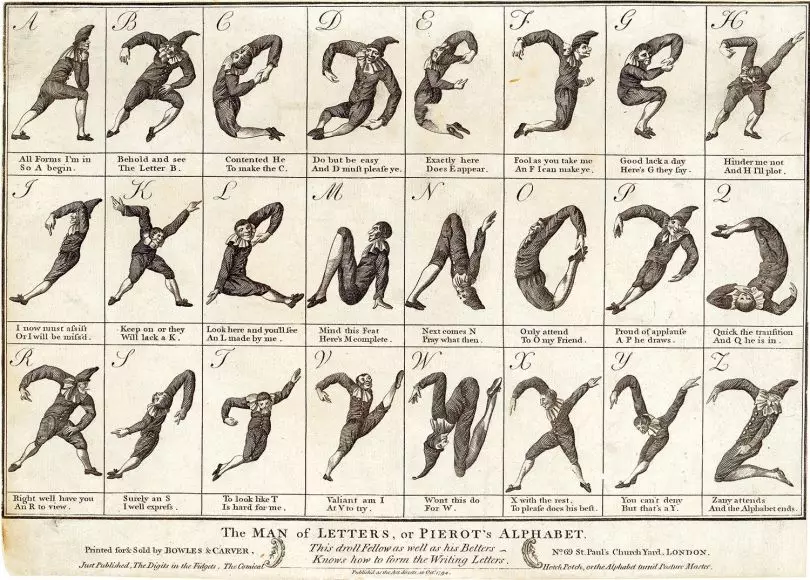 The Man of Letters, o Pierrot's Alphabet, typeface, (wala mailhi nga tigdesinyo), 1794, Bowles & Carver, UK