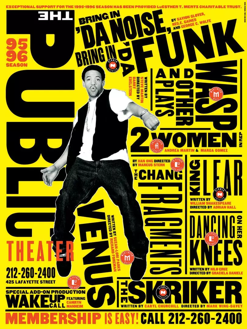 İctimai Teatr, afişa, Paula Scher, 1995, İctimai Teatr, ABŞ: 'Da Noise, Bring in 'Da Funk', İctimai Teatr posteri, 1995