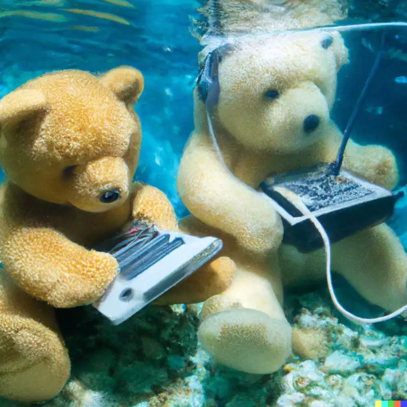 Ours en peluche travaillant sur de nouvelles recherches sur l'IA sous l'eau avec la technologie des années 1990 © DALL-E 2
