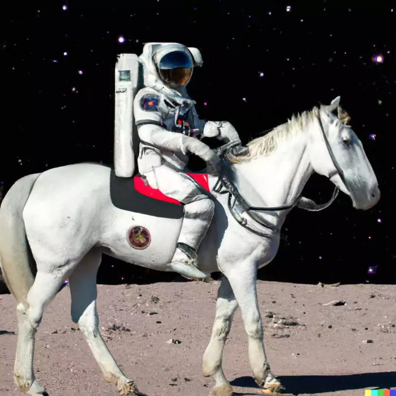 Astronautas, jojantis ant žirgo fotorealistiniu stiliumi © DALL-E 2