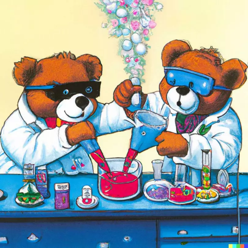 Teddy bears yana haxa sinadarai masu kyalli a matsayin mahaukacin masana kimiyya a matsayin zane mai ban dariya na 1990 na ranar Asabar © DALL-E 2