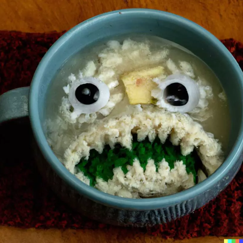En skål suppe, der ligner et monster strikket af uld © DALL-E 2