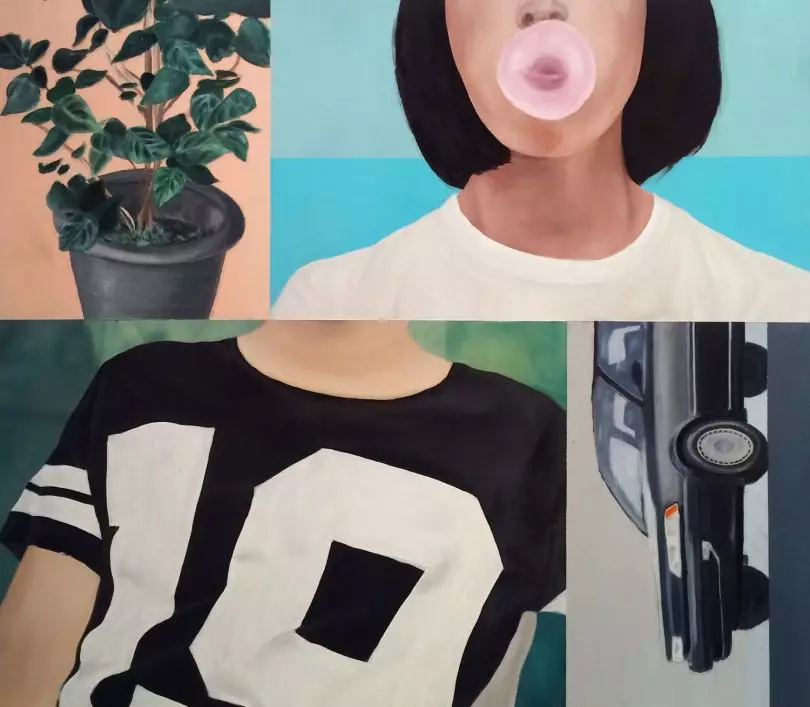 Odasye, penti atizay pòp fusion eleman nan Hockney ak Wesselmann eksprime jèn 7565_1