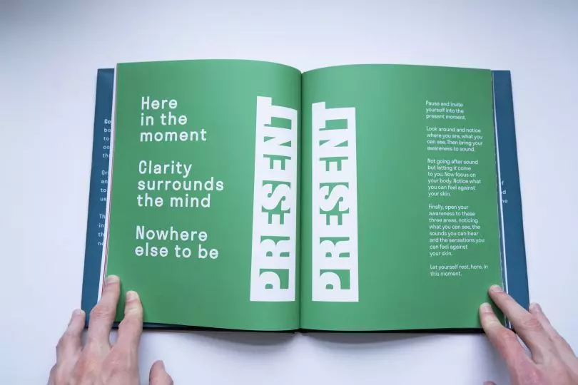 Desain untuk buku yang mengeksplorasi kesehatan mental dan kesadaran. Latihan di sebelah kanan ditulis oleh guru Mindfulness profesional, Vicki Worsley.