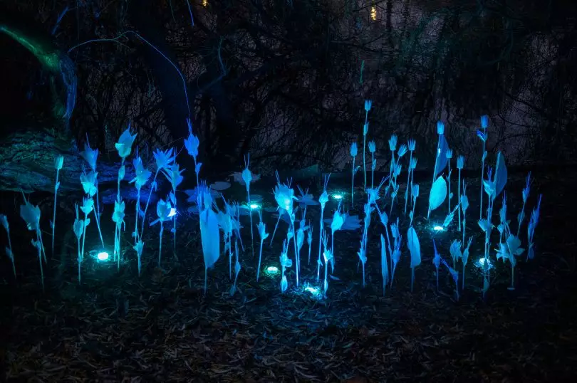 Pflanzen und Blumen, die vollständig aus nicht recycelbarem Müll bestehen, beleuchtet in einem dunklen Wald in Berlin 8590_13