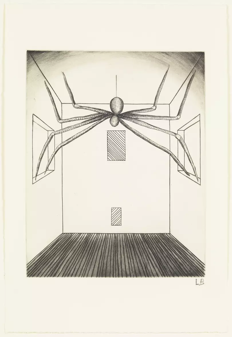 Louise Bourgeois He Disappeared Into Complete Silence, 1947 – 2005 (Detail) Suite van 11 gravures met akwatint en handkleuring vergesel van boekdrukteks, Plate 1 – 9: 25,4 × 35,6 cm, Alternatiewe en Spinnekopplate: 25,1 cm 17,4 cm. © Easton Foundation/DACS, Londen/VAGA, NY 2018. Versameling: Die Easton Foundation.