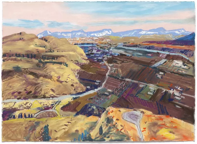 Dolina Okanagan od zgoraj Oliver, pastel 2018 na papirju, 22 x 30 palcev.